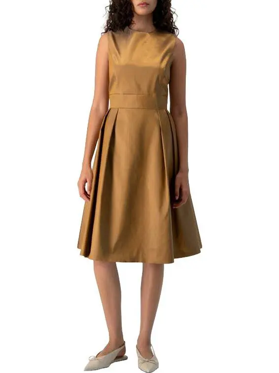 IVONNE Sleeveless Bateau-neck Pleated Fit-and-flare Midi Dress - Copper