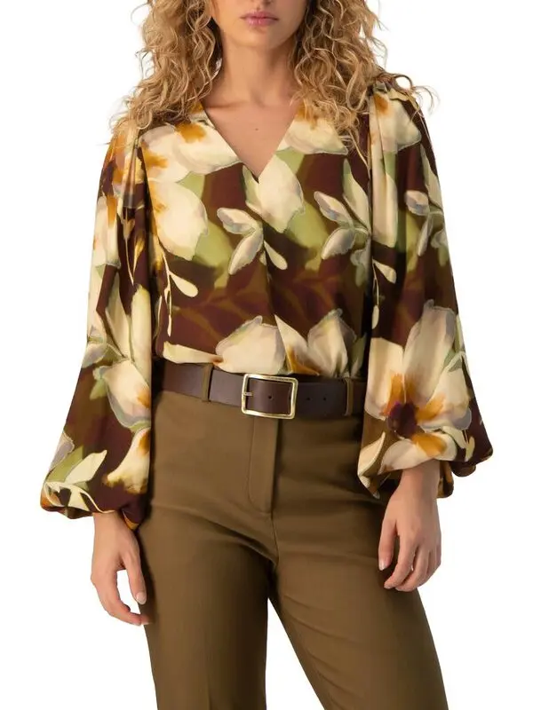 IVONNE Botanical Floral Print Relaxed V-neck Puff-sleeve Blouse - Brown