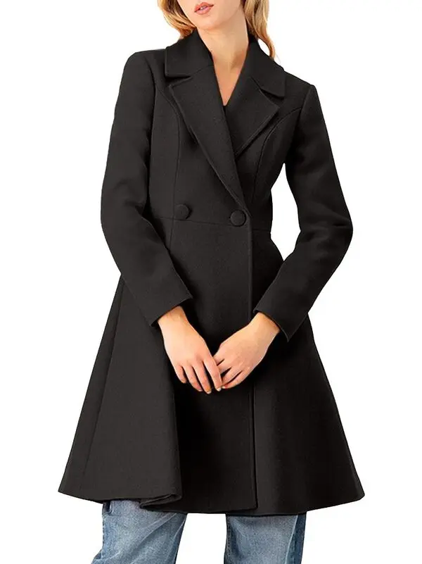 IVONNE Notched-lapel Wool-blend Fit-and-flare Coat - Black
