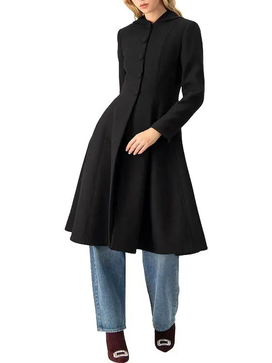 IVONNE Hooded Button-front Wool-blend Midi Swing Coat - Black