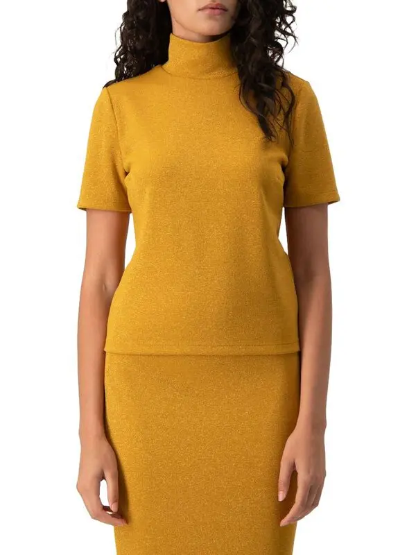 IVONNE Metallic Lurex Short-sleeve Mock-neck Fitted Top - Mustard