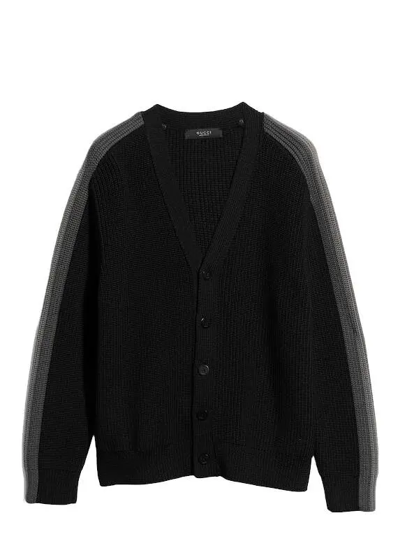 Gucci Rib Wool Cardigan With Muted Web - Black