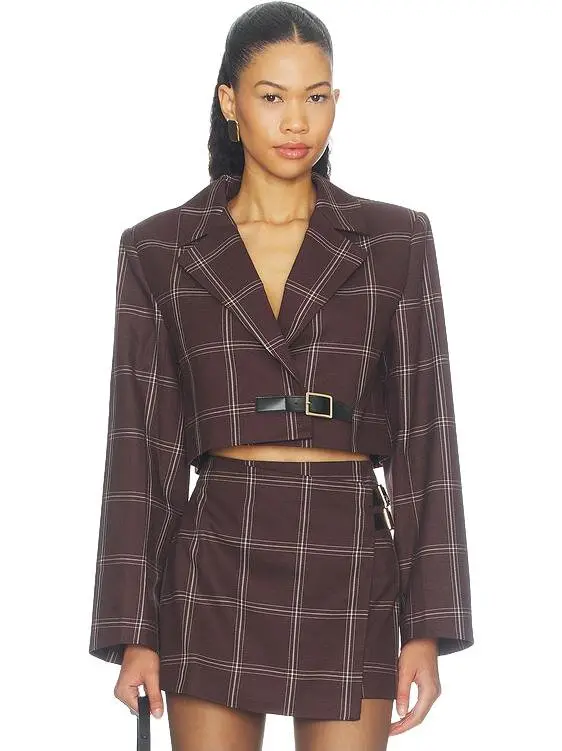 LOVERS AND FRIENDS Brent Cropped Blazer In Brown - Merlot Check