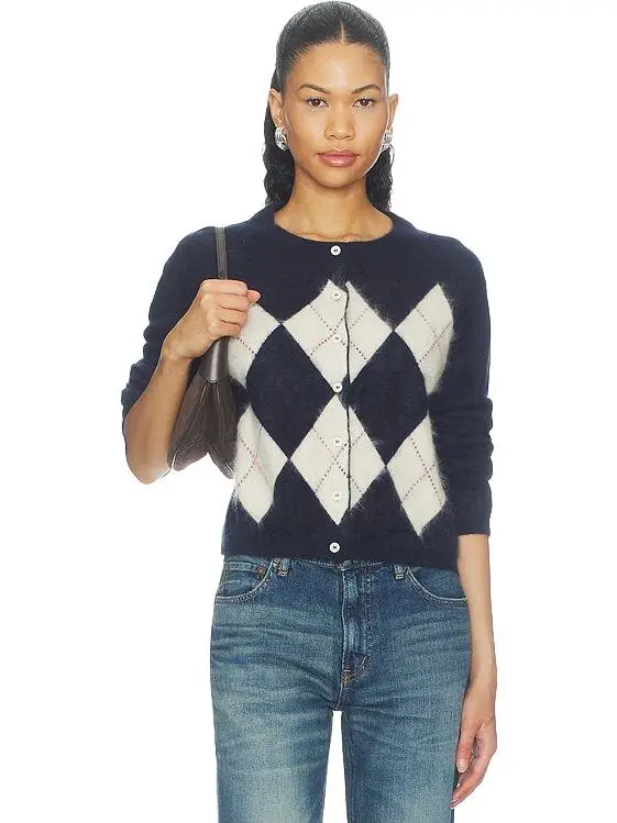 Soft Goat Argyle Cardigan - Navy
