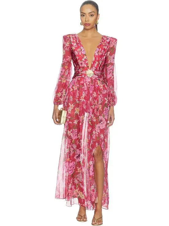 PatBO Peony Print Plunge Maxi Dress - Red