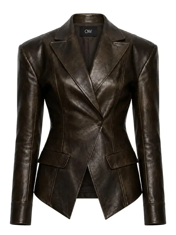 OW Kaya Faux Leather Blazer Jacket - Brown
