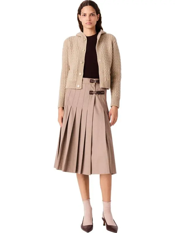 Maje Pleated Midi Skirt With Buckles - Beige