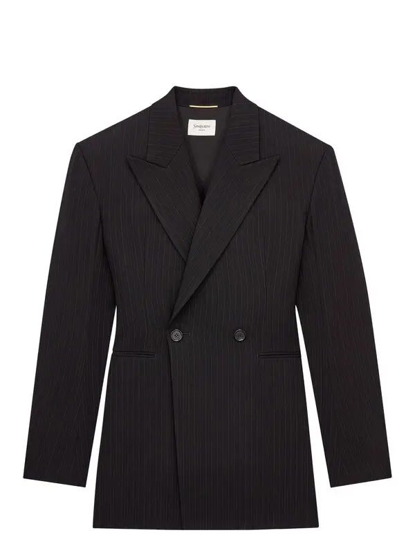 Saint Laurent Double-breasted Jacket In Chalk-stripe Wool Mélange - Noir/gris