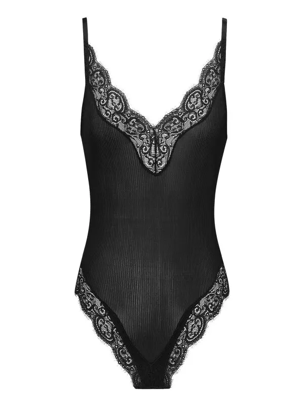 Saint Laurent Laced Bodysuit In Ribbed Silk Jersey - Noir