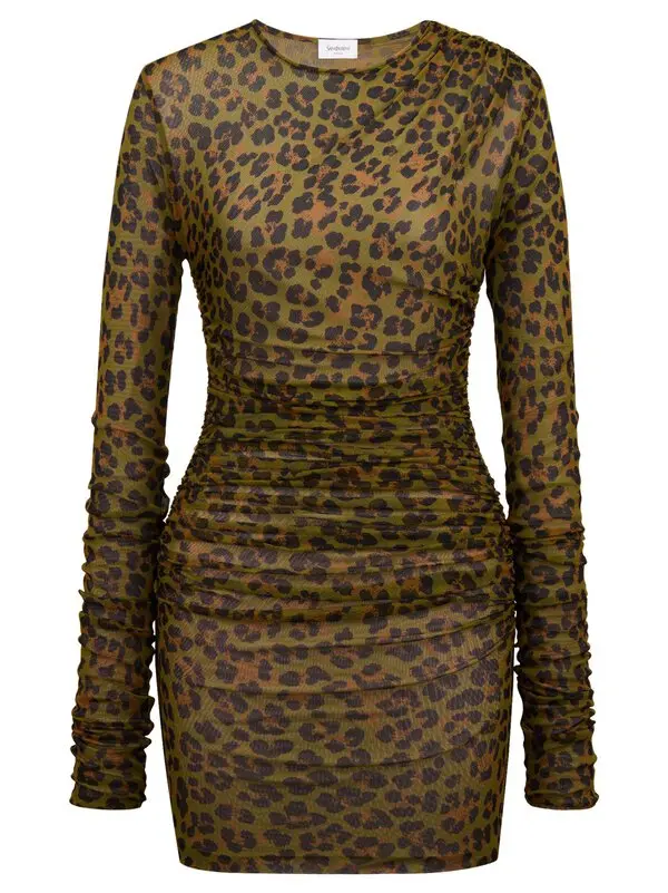 Saint Laurent Ruched Mini Dress In Leopard Tulle Jersey - Leopard Print