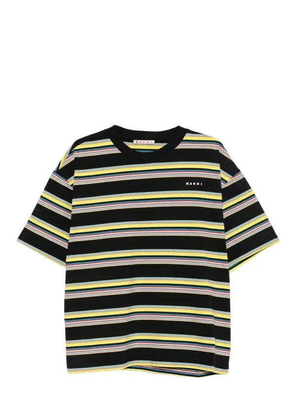 Marni Striped Cotton T-shirt With Logo Print - Black