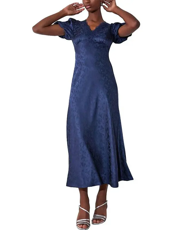 Whistles Jacquard V Neck Midi Dress - Navy