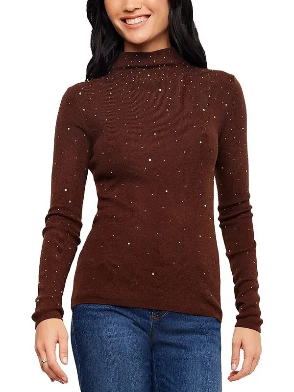 Karen Kane Rhinestone Embellished Mock Neck Sweater - Mocha