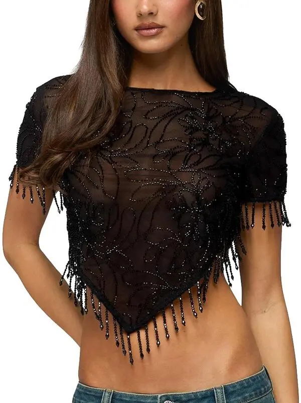 EDIKTED Yanna Beaded Fringe Poncho Top - Black