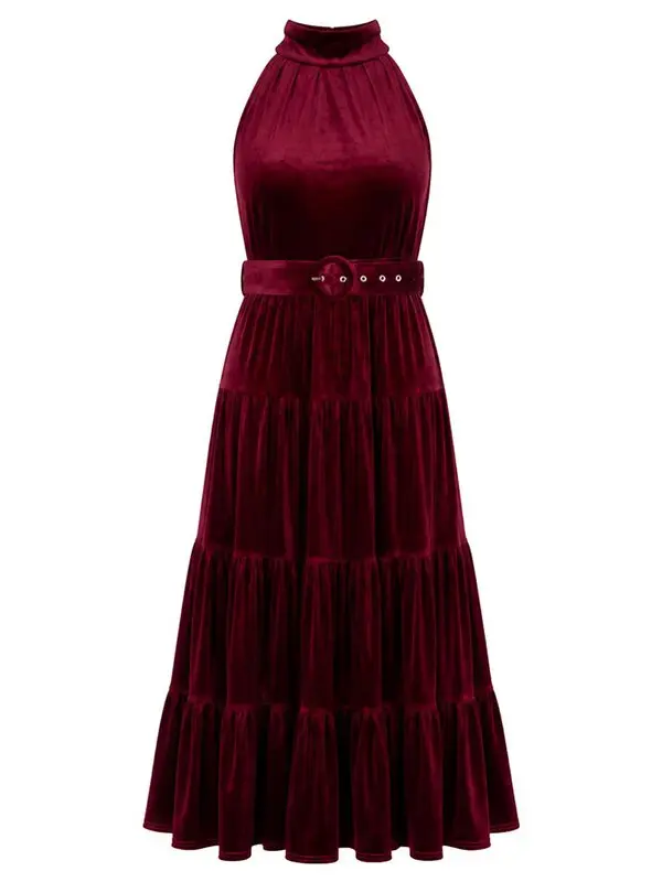 YUMI Burgundy Velvet Halter Maxi Dress With Belt - Red