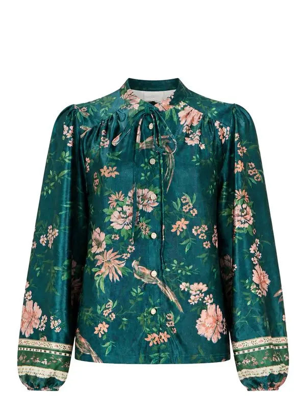 YUMI Floral Velvet Blouse With Tie Neckline - Green