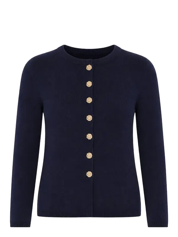 YUMI Navy Knitted Fitted Peplum Cardigan - Blue