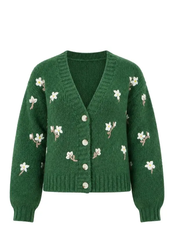 YUMI Hand Embroidered Chunky Knitted Cardigan - Green