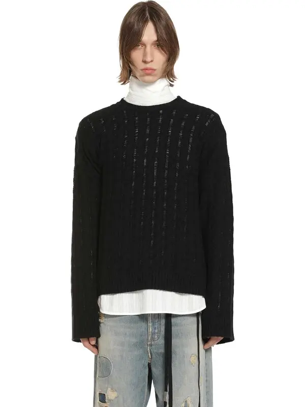 ANN DEMEULEMEESTER Tristan Cable Knit Ladder Stich Crewneck Sweater - Black
