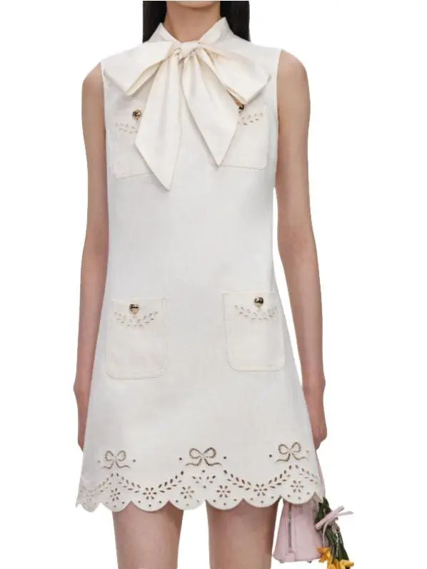 SELF-PORTRAIT Bow-detail Broderie-anglaise Mini Dress - Cream