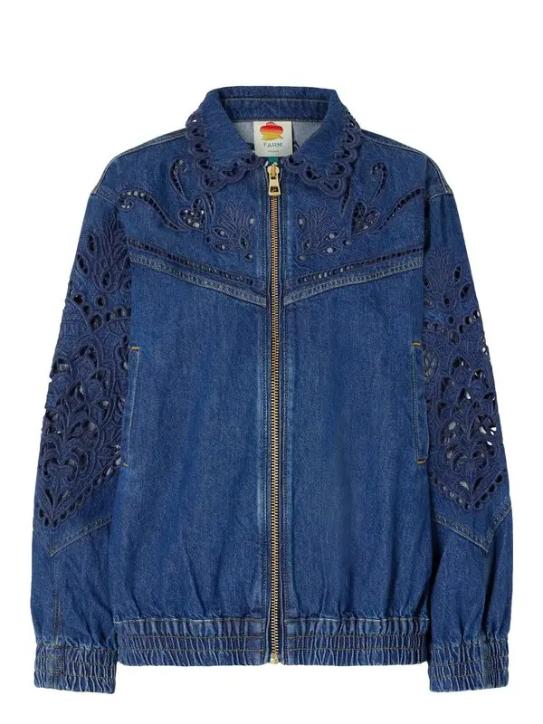 Farm Rio Richilieu Heart Broderie Anglaise Denim Jacket - Blue