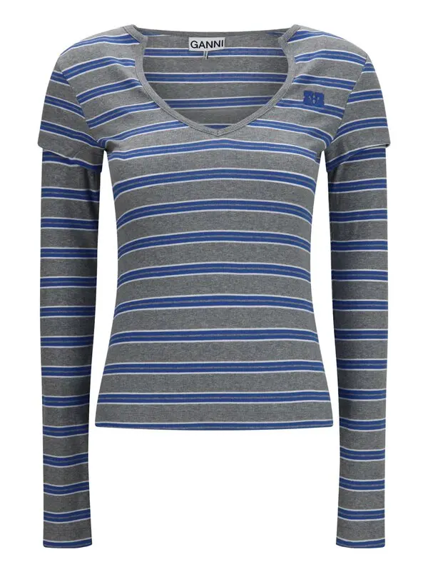 GANNI Ribbed Stripe V-neck Knitted Top - No