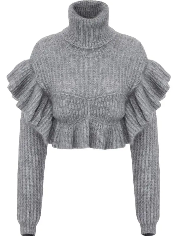 Elisabetta Franchi Ruffled Cropped Knitted Sweater - Grey