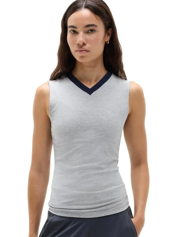 Athleta Signature Rib V-neck Muscle Tank - Grey Heather/ Navy