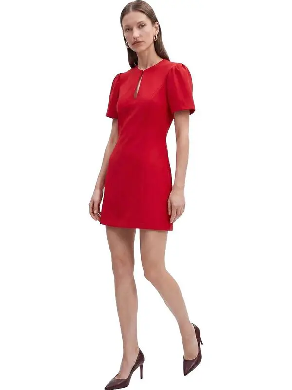 Koton Short Puff Sleeve Crew Neck Mini Dress With Keyhole Detail - Red