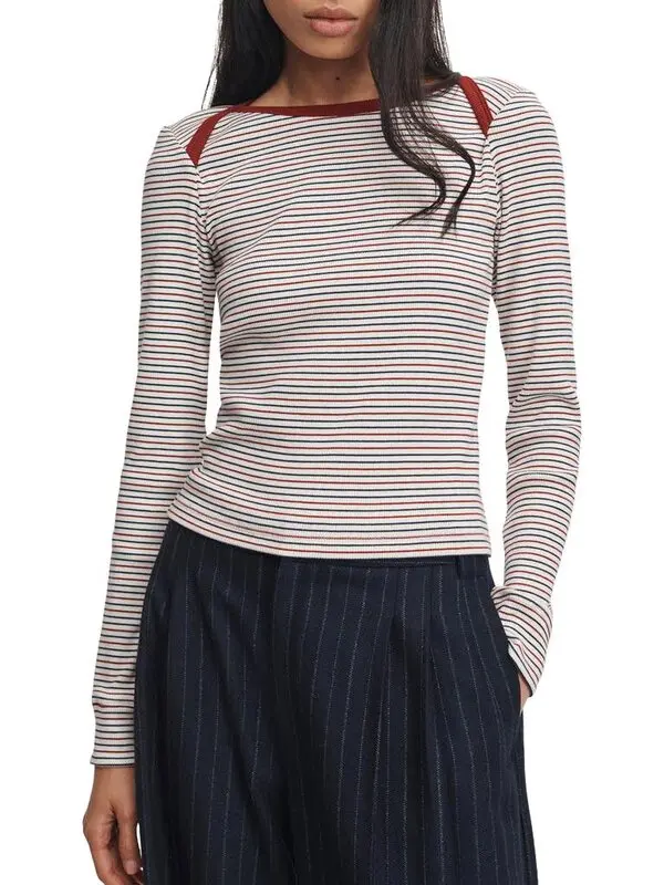 Rag & Bone Essential Striped Rib Bateau Neck Tee - Ivory Multi