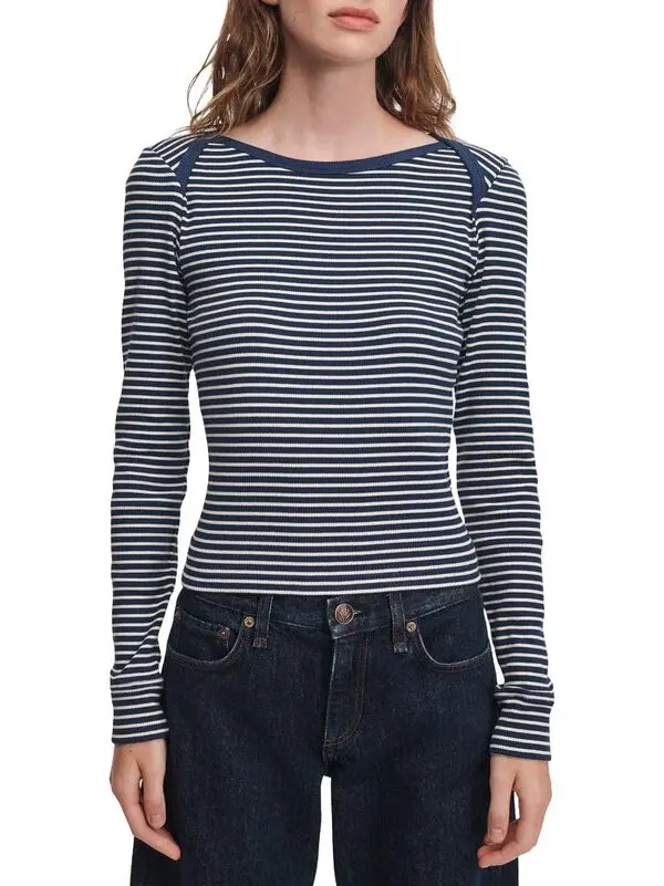 Rag & Bone Essential Striped Rib Bateau Neck Tee - Navy Multi