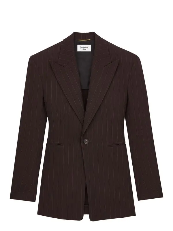 Saint Laurent Single-breasted Jacket In Chalk-stripe Wool Mélange - Marron/beige