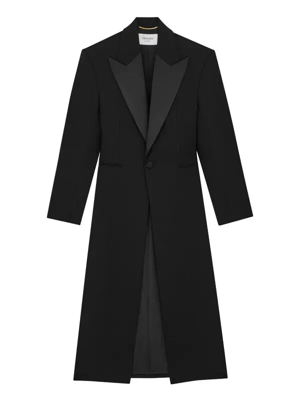 Saint Laurent Long Tuxedo Coat In Grain De Poudre - Noir