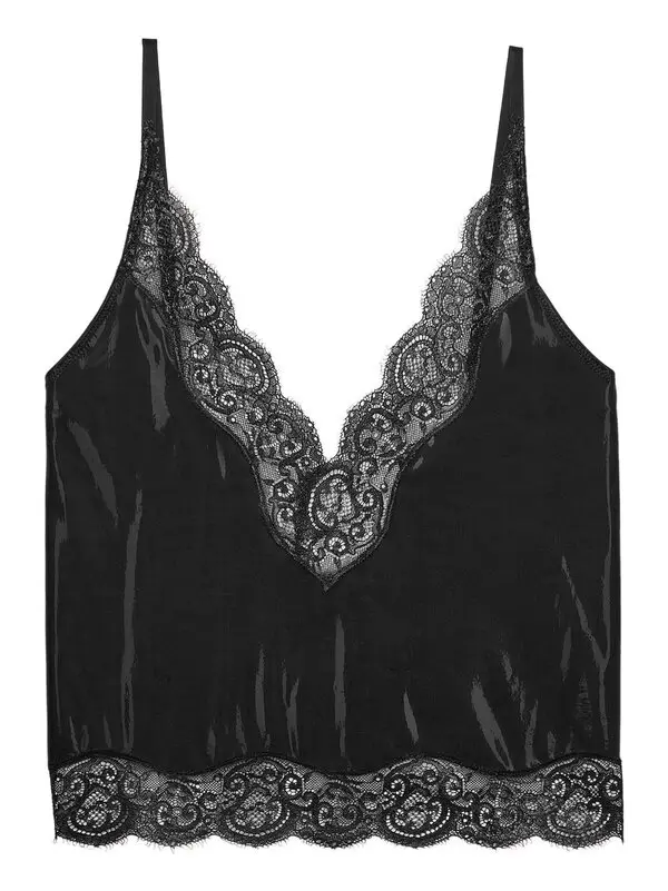 Saint Laurent Laced Tank Top In Silicone-coated Silk Jersey - Noir