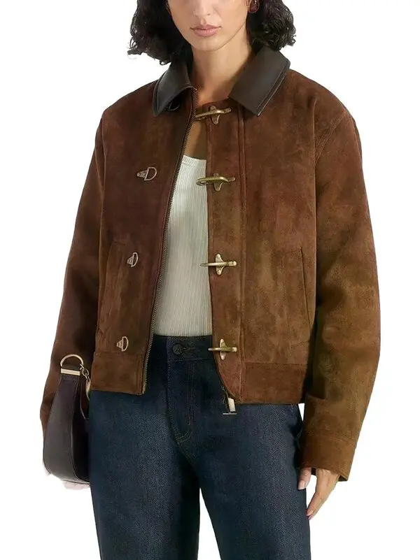 Manière De Voir Nino Clasp Detail Contrast Stitch Suede Jacket - Brown