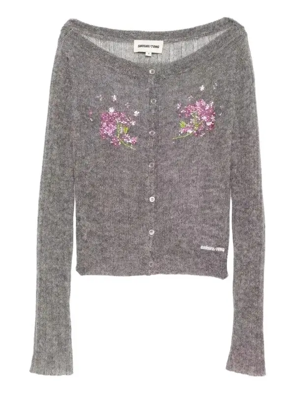 SHUSHU/TONG Floral-embellished Cropped Cardigan - Grey