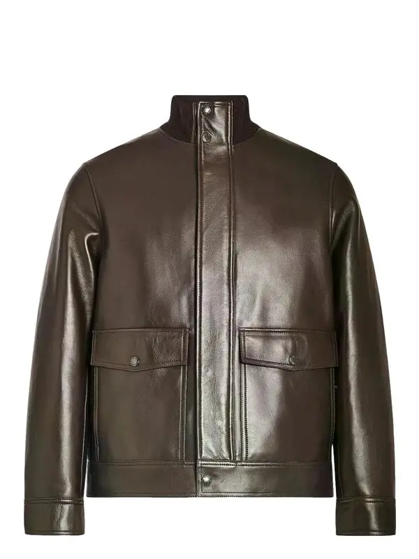 YVES SALOMON Knit-collar Leather Jacket - Brown