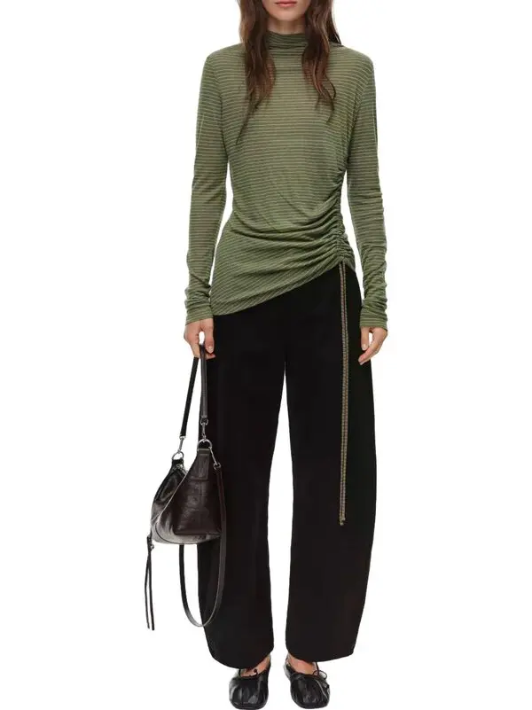 Bimba Y Lola Olive Striped Fluid Ruched T-shirt - Green