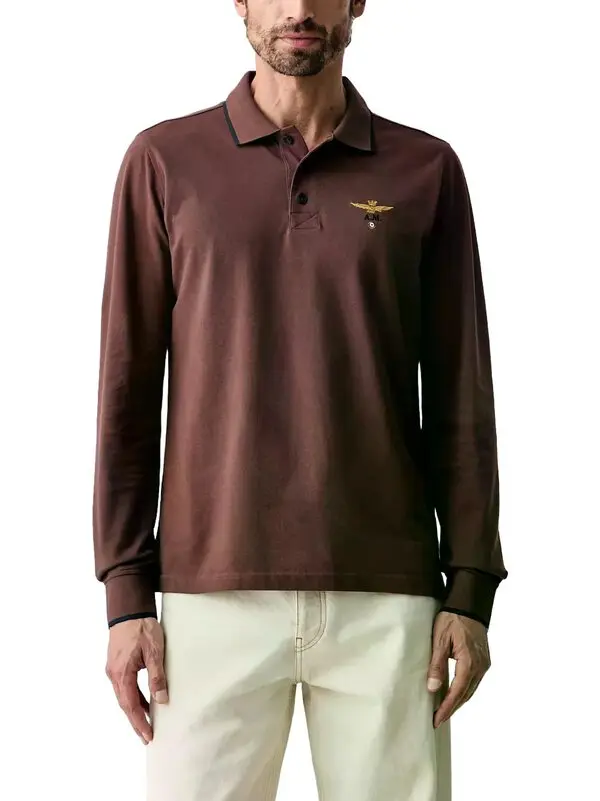 AERONAUTICA MILITARE Logo-embroidered Long-sleeve Polo Shirt - Brown