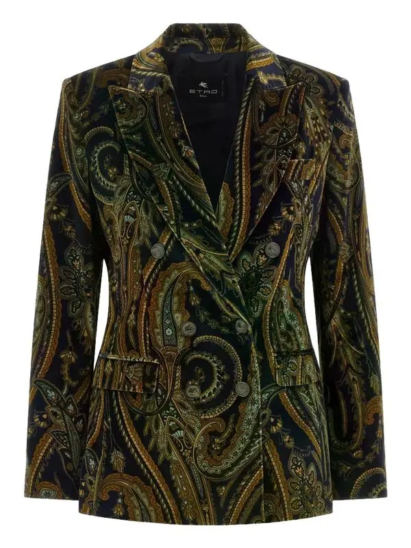 Etro Double-breasted Cotton Velvet Jacket With Floral Overprint - Blue