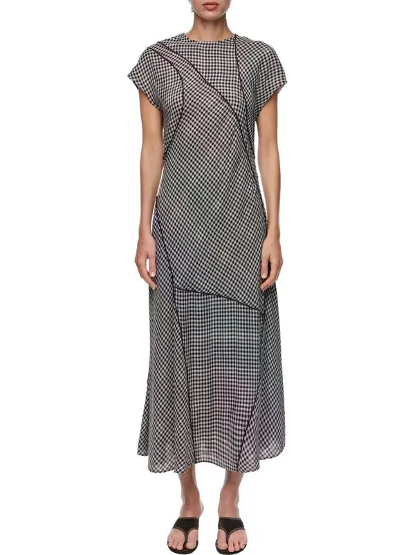 Bimba Y Lola Dark-brown Checked Patchwork Dress With Raw-edge Detailing - Black