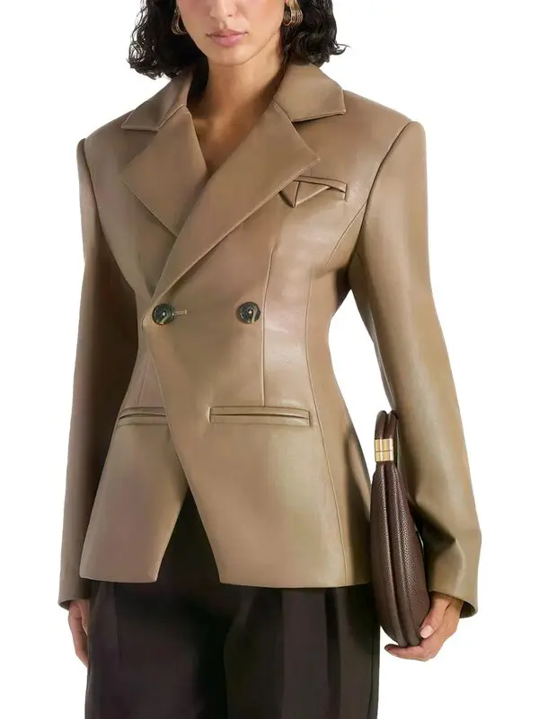 Manière De Voir Beatrice Leather Double-breasted Hourglass Blazer - Neutrals