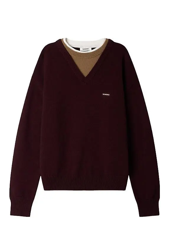 Sandro Two-in-one Wool And Cashmere-blend Jumper - Bordeaux