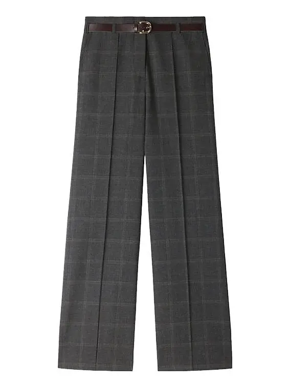 Sandro Checked Belted-waist Stretch Wool-blend Trousers - Grey