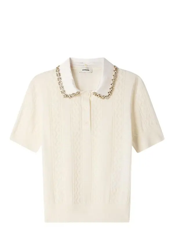 Sandro Embellished-collar Short-sleeve Wool Jumper - Ecru