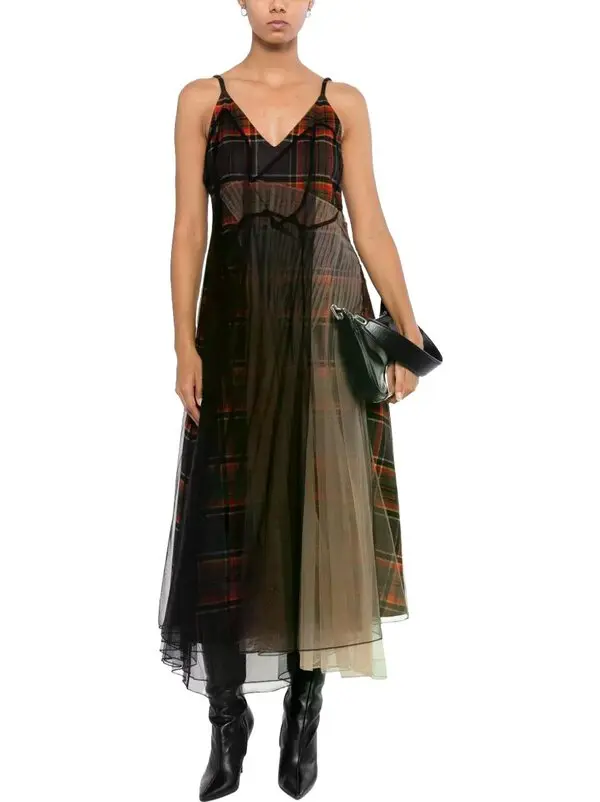 QUETSCHE Tartan-print Mesh-overlay Dress - Black