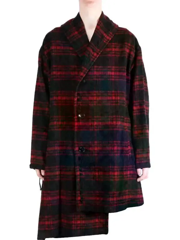 Y’s Asymmetric-hem Tartan-check Coat - Black