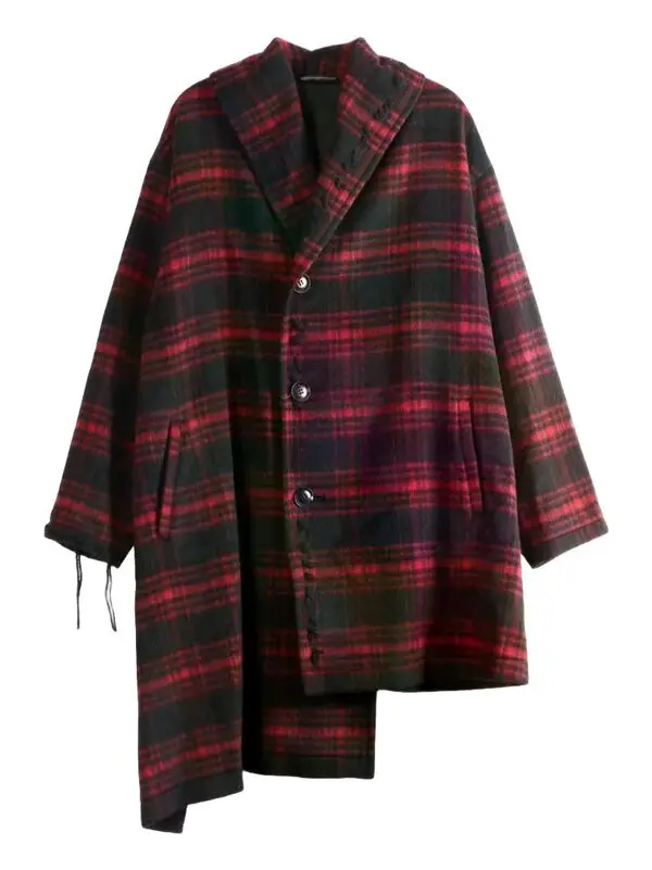 Y’s Asymmetric-hem Tartan-check Coat - Black
