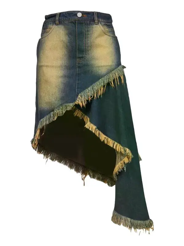 VIVAMUS Asymmetric Frayed Denim Midi Skirt - Blue
