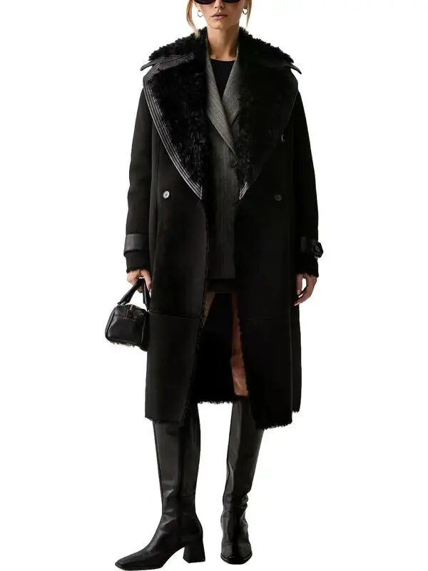 Patrizia Pepe Belted Shearling-collar Coat - Black